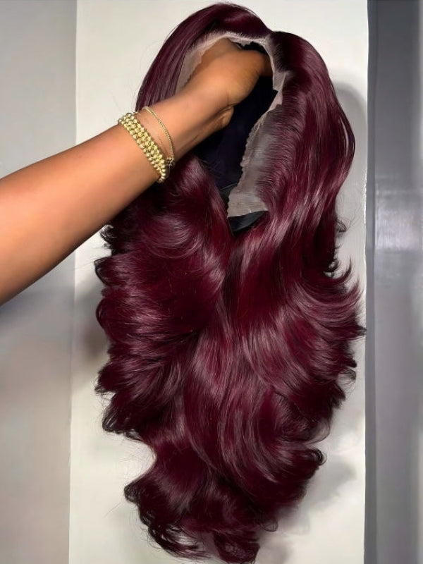 Dark Burgundy Layered Cut Body Wave Short 7x6/13x6 FULL Frontal Lace H ...