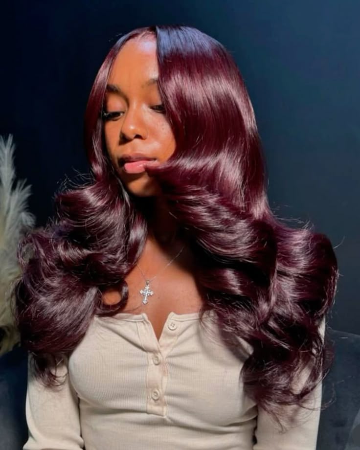 Dark Burgundy Layered Cut Body Wave Short 7x6/13x6 FULL Frontal Lace H ...