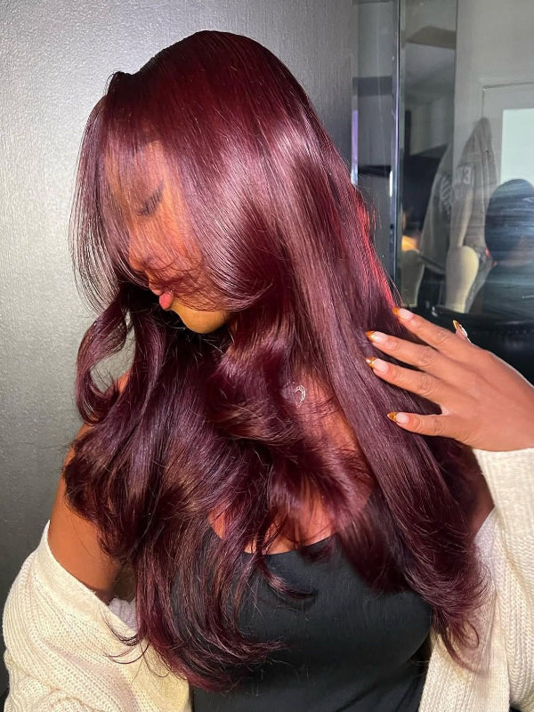 Dark Burgundy Layered Cut Body Wave Short 7x6/13x6 FULL Frontal Lace H ...