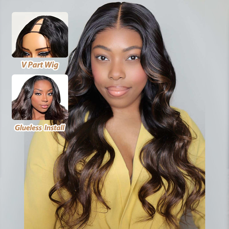 T1B/4 Brown Balayage Wig Colored V Part Wigs No Leave Out Upgrade U ...