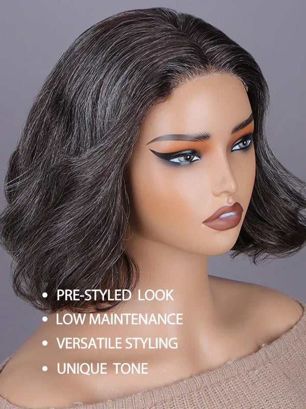 Glueless Salt and Pepper Wavy Pixie Layer Cut Bob Wig Boss Vibe Grey W ...