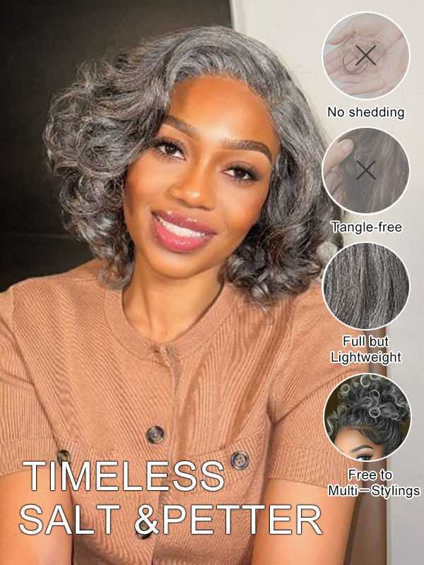 Glueless Salt and Pepper Wavy Pixie Layer Cut Bob Wig Boss Vibe Grey W ...
