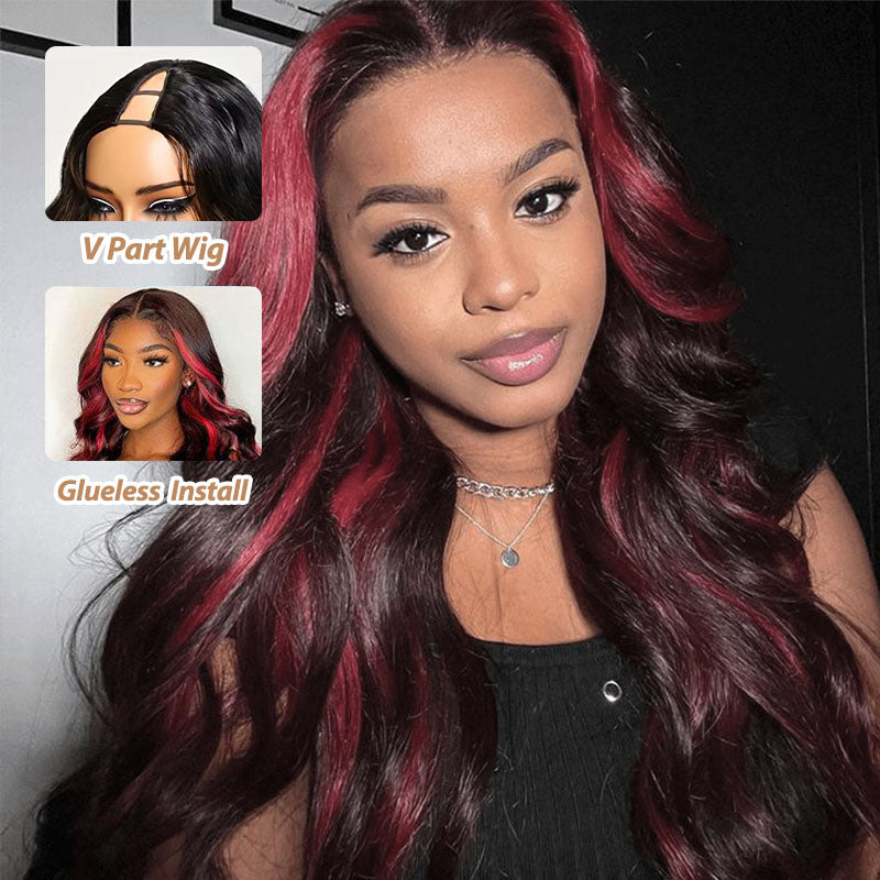P1B/99J V Part Wig Balayage Burgundy Highlight Upgraded V Part Human ...