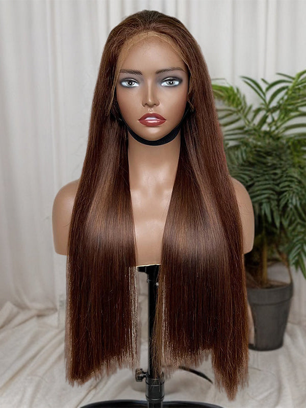 Super Double Drawn #4 Chocolate Brown Wig Straight 13x6 Lace Front Wigs ...