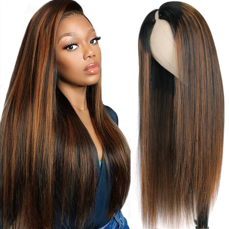 #FB30 Colored Balayage V Part Wigs Straight Hair No Leave Out Upgrade U ...